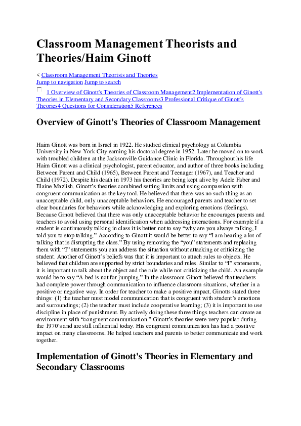 (DOC) Classroom Management Theorists and Theories/Haim Ginott Overview ...
