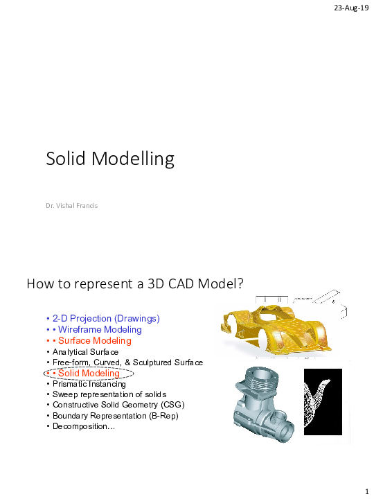 (PDF) Solid Modelling How to represent a 3D CAD Model? • • Solid ...
