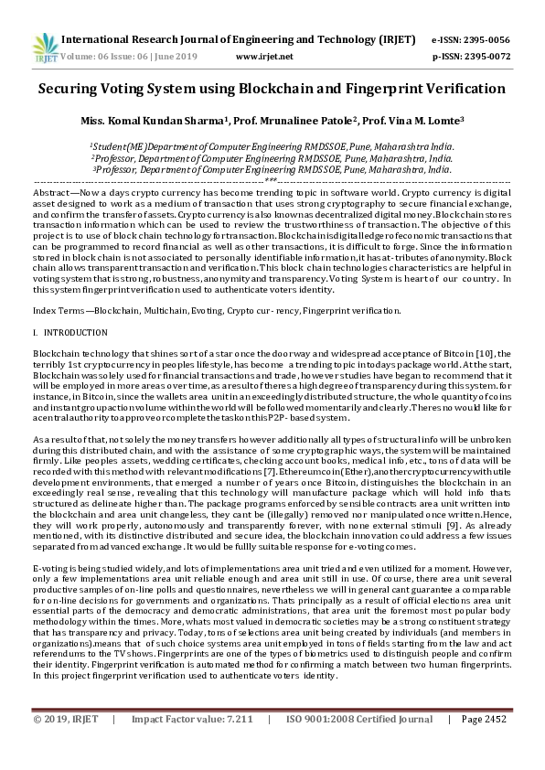 Pdf Irjet Securing Voting System Using Blockchain And Fingerprint Verification Irjet