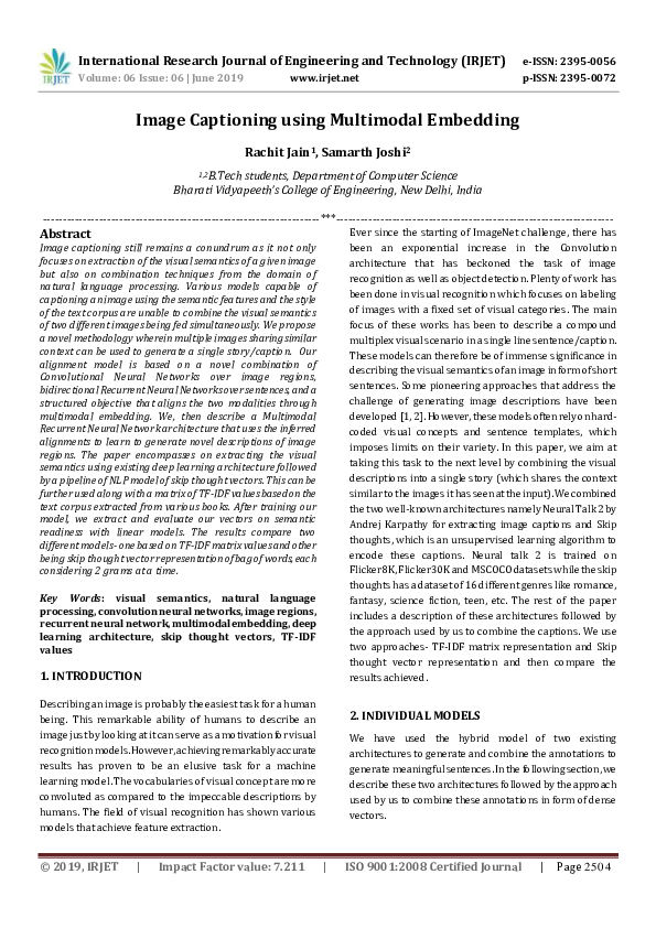 (PDF) IRJET- Image Captioning using Multimodal Embedding