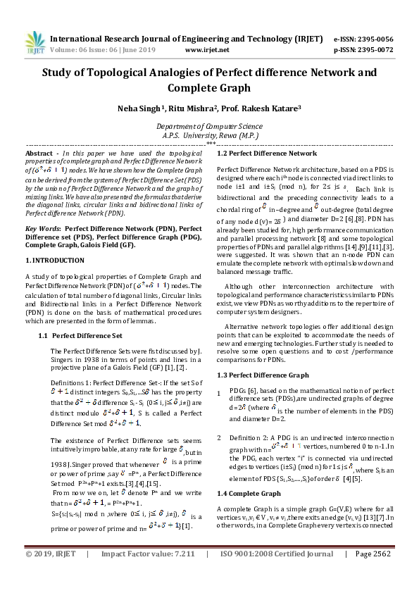 (PDF) IRJET- Study of Topological Analogies of Perfect difference Network and Complete Graph ...