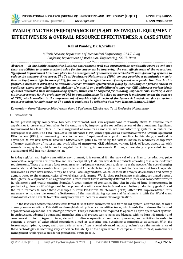 (PDF) IRJET- Evaluating the Performance of Plant by Overall Equipment ...