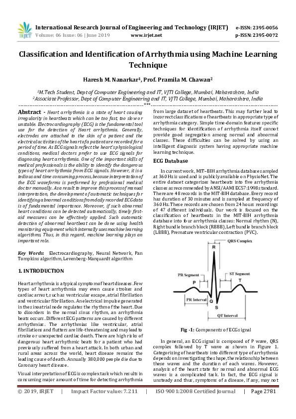 Pdf Irjet Classification And Identification Of Arrhythmia Using Machine Learning Technique
