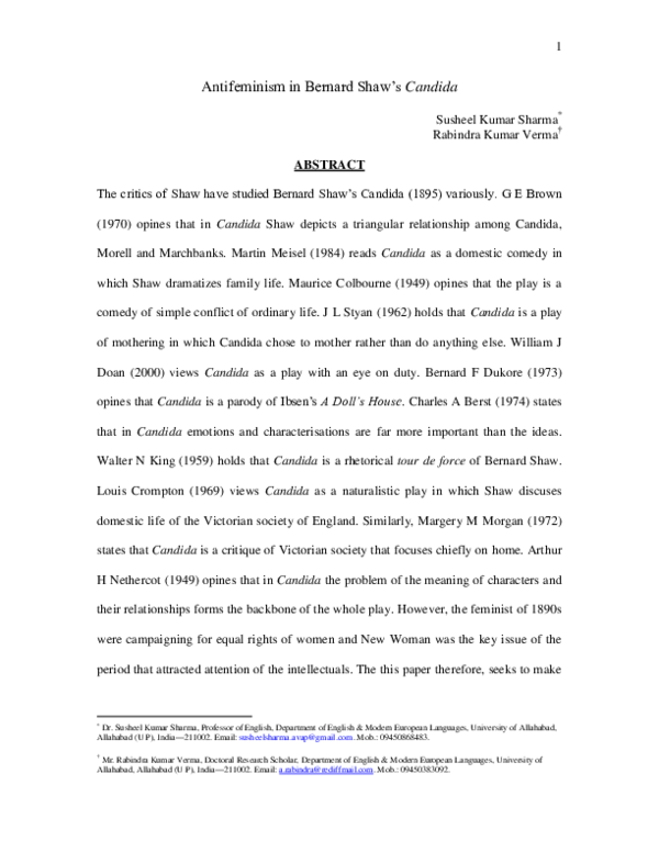(PDF) Sharma, Susheel Kumar, "Antifeminism in Bernard Shaw’s Candida (Co-author Rabindra Kumar ...
