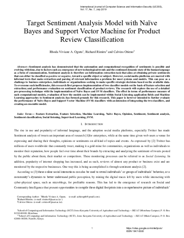 Pdf Target Sentiment Analysis Model With Naïve Bayes And Support