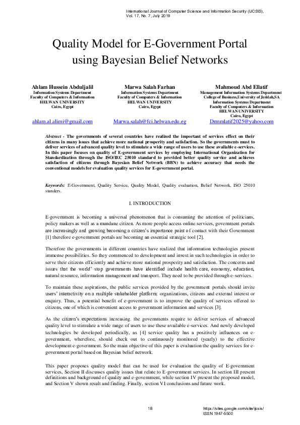 (PDF) Quality Model for E-Government Portal using Bayesian Belief Networks