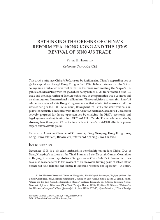 (PDF) Rethinking the Origins of China's Reform Era: Hong Kong and the ...