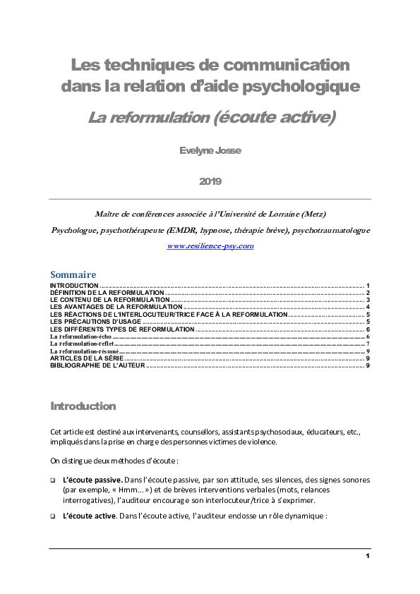 (PDF) Les techniques de communication dans la relation d'aide psychologique. La reformulation ...