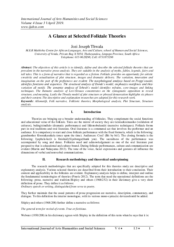 (PDF) A Glance at Selected Folktale Theories