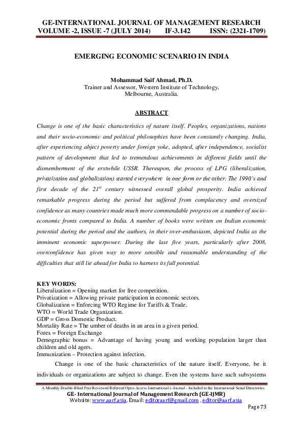 (PDF) EMERGING ECONOMIC SCENARIO IN INDIA