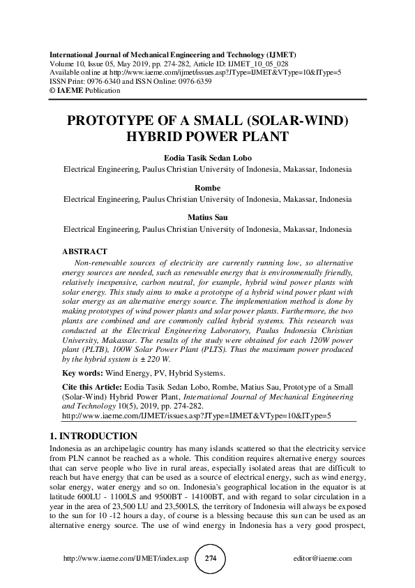 (PDF) Prototype of a Small (Solar-Wind) Hybrid Power Plant