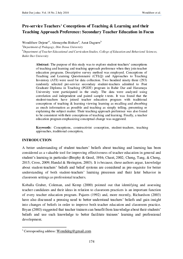 (PDF) Pre-service Teachers' Conceptions of Teaching & Learning and ...