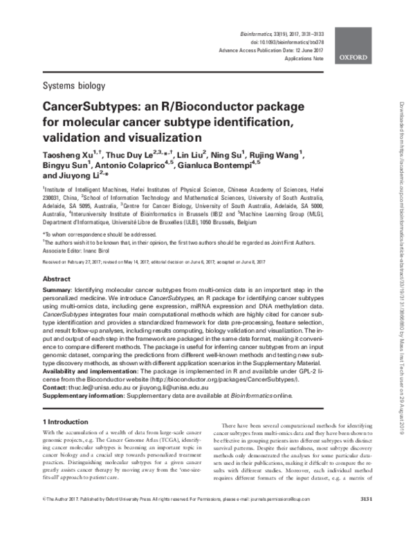 Pdf Cancersubtypes An R Bioconductor Package For Molecular Cancer Subtype Identification