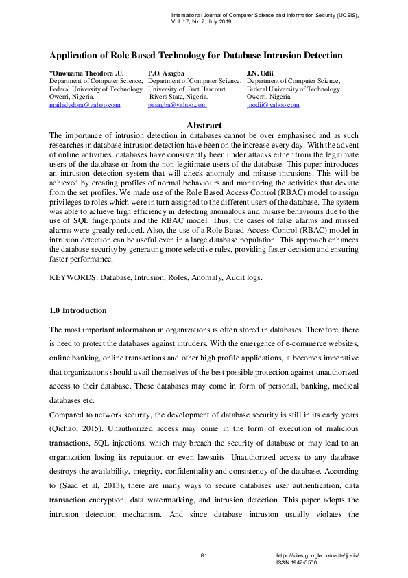 Pdf Application Of Role Based Technology For Database Intrusion Detection
