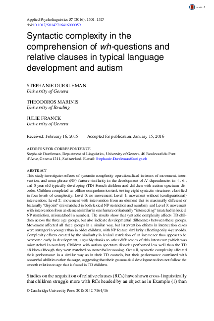 (PDF) Syntactic complexity in the comprehension of wh-questions and relative clauses in typical ...