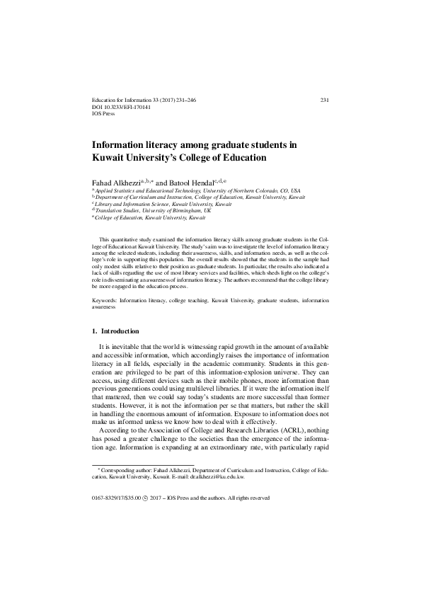 (PDF) Information literacy among graduate students in Kuwait University ...