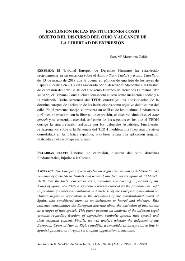 (PDF) EXCLUSIÓN DE LAS INSTITUCIONES COMO OBJETO DEL DISCURSO DEL ODIO ...