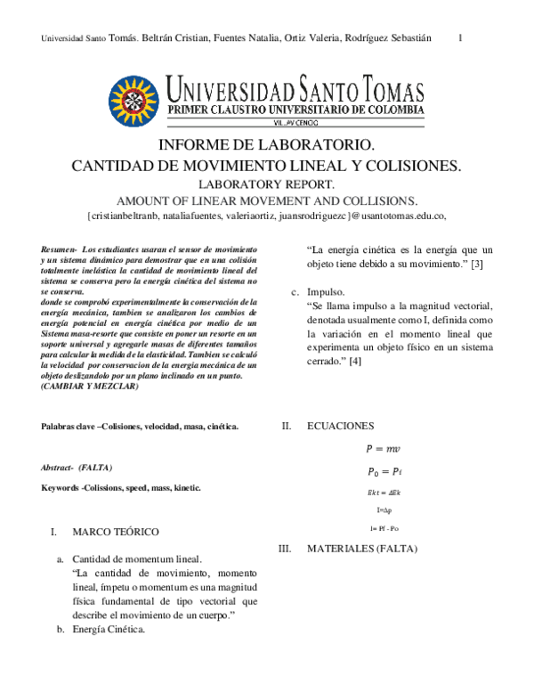 Doc Informe De Laboratorio Cantidad De Movimiento Lineal Y