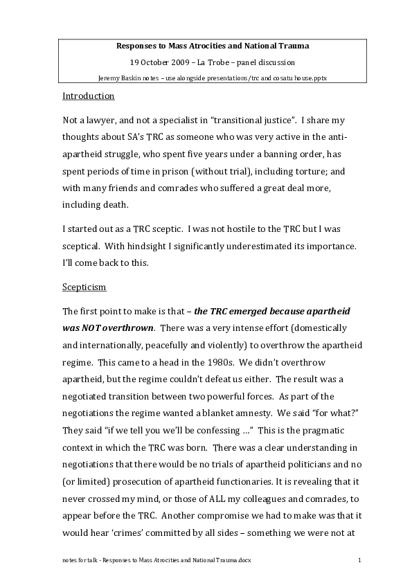 (PDF) Reflections on the Truth & Reconciliation Commission