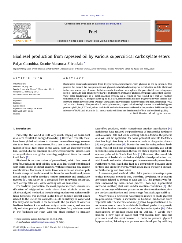 (PDF) Biodiesel production from rapeseed oil by various supercritical ...