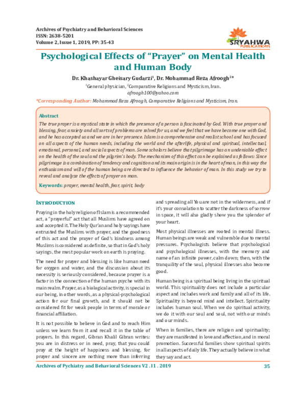 (PDF) psychological effects of " prayer" on mental health and human body