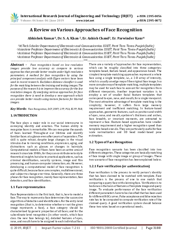 (PDF) IRJET- A Review on Various Approaches of Face Recognition