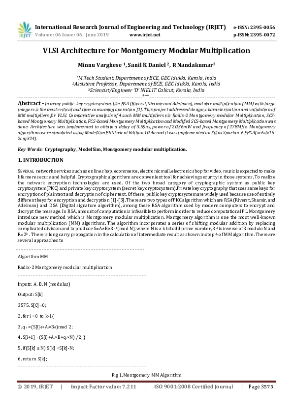 (PDF) IRJET- VLSI Architecture for Montgomery Modular Multiplication