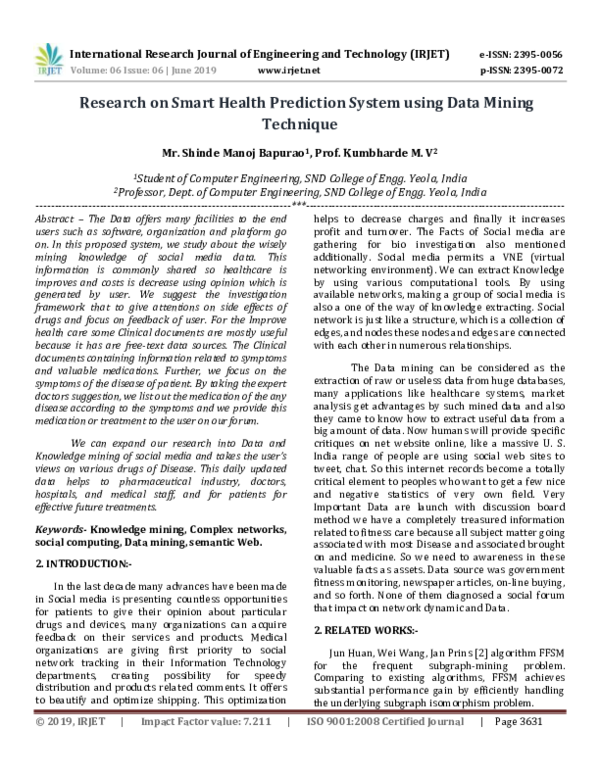 Pdf Irjet Research On Smart Health Prediction System Using Data Mining Technique