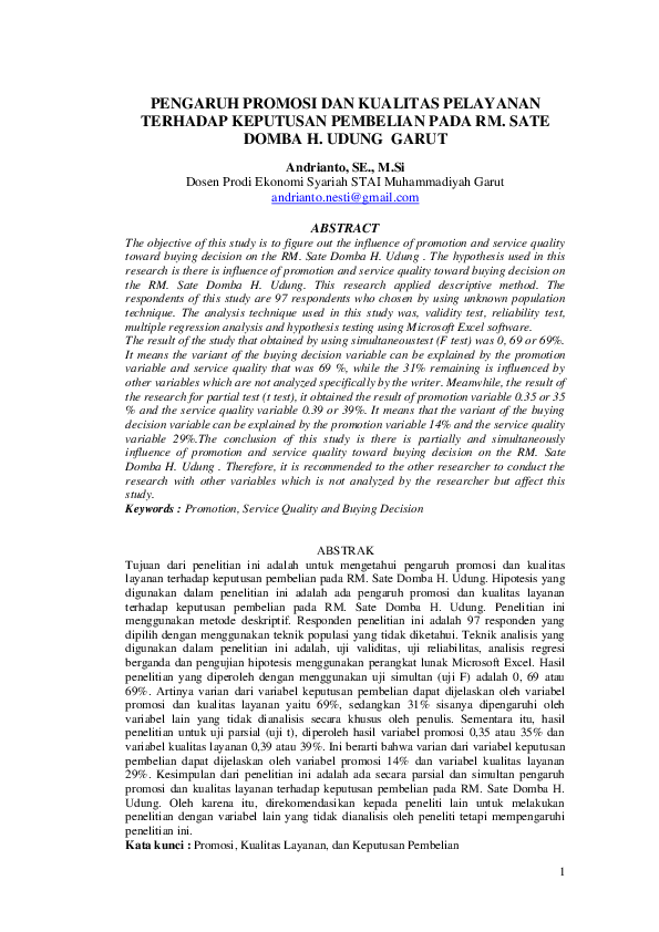 (PDF) PENGARUH PROMOSI DAN KUALITAS PELAYANAN TERHADAP KEPUTUSAN PEMBELIAN PADA RM. SATE DOMBA H ...