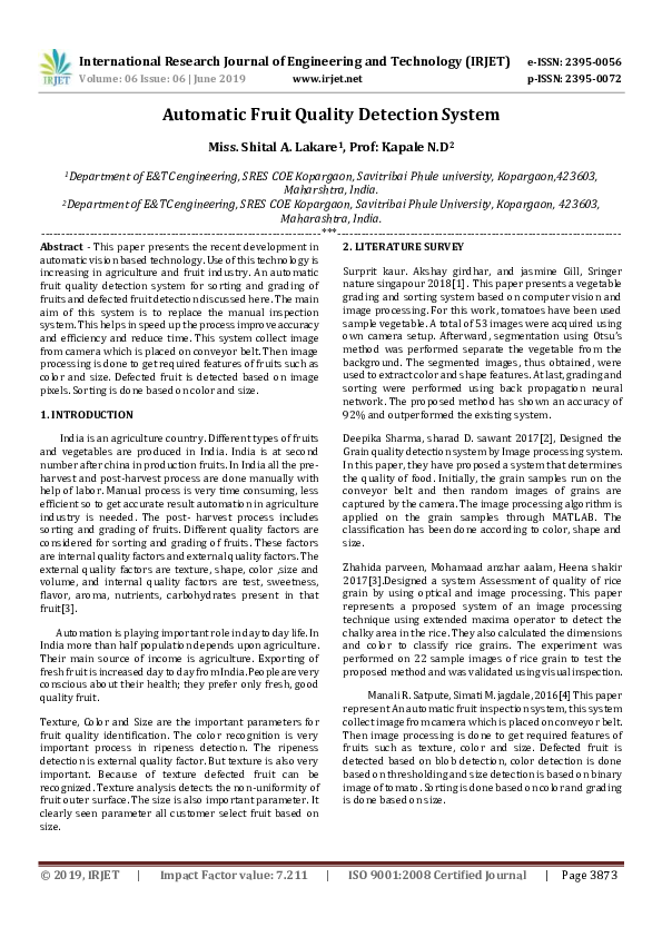 (PDF) IRJET- Automatic Fruit Quality Detection System