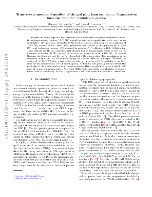 (PDF) Transverse momentum dependent of charged pion, kaon and proton fragmentation functions ...
