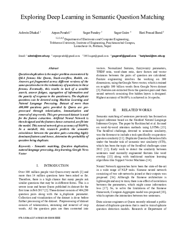 (PDF) Exploring Deep Learning in Semantic Question Matching (PDF) Exploring Deep Learning in Semantic Question Matching
