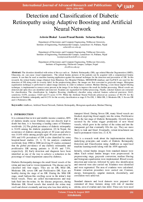 Pdf Detection And Classification Of Diabetic Retinopathy Using Adaptive Boosting And