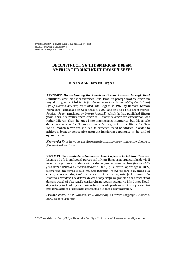 (PDF) DECONSTRUCTING THE AMERICAN DREAM: AMERICA THROUGH KNUT HAMSUN'S EYES