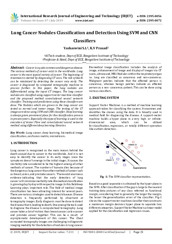 Pdf Irjet Lung Cancer Nodules Classification And Detection Using Svm And Cnn Classifiers