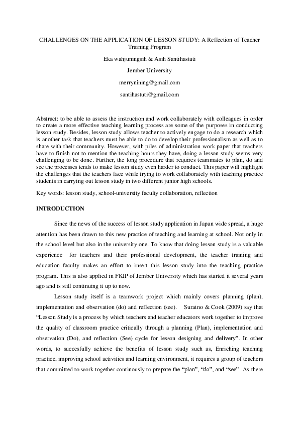 (PDF) CHALLENGES ON THE APPLICATION OF LESSON STUDY: A Reflection of ...