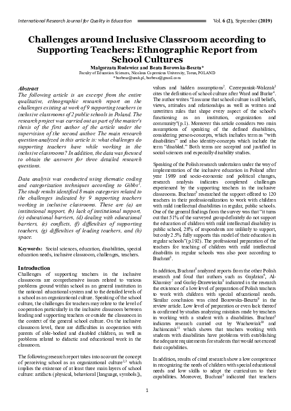 (PDF) Challenges around Inclusive Classroom according to Supporting ...