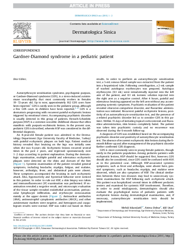 (PDF) Gardner-Diamond syndrome in a pediatric patient