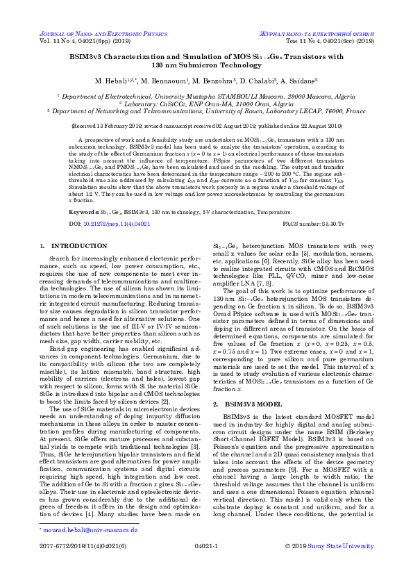 (PDF) BSIM3v3 Characterization and Simulation of MOS Si1 -xGex Transistors with 130 nm Submicron ...