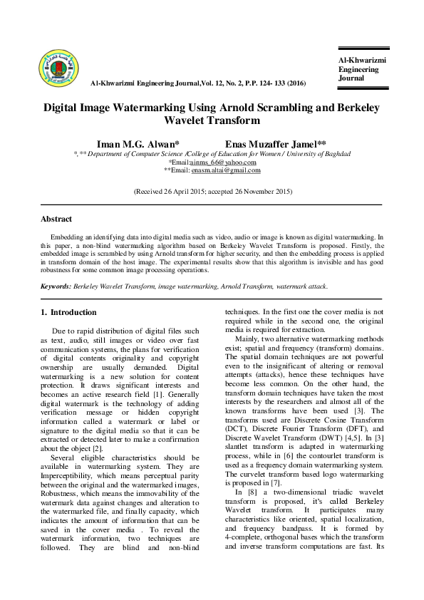 (PDF) Digital Image Watermarking Using Arnold Scrambling and Berkeley Wavelet Transform