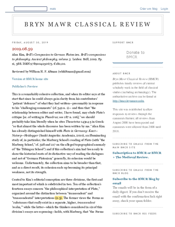 (PDF) Review of Alan Kim (ed.), Brill's Companion to German Platonism