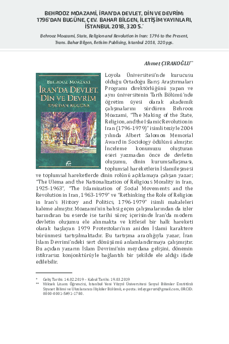 (PDF) Kitap İncelemesi: Behrooz Moazami, İran’da Devlet, Din ve Devrim: 1796’dan Bugüne