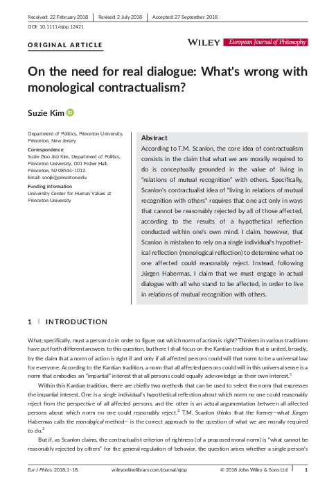 (PDF) From Monologue to Dialogue in Contractualism