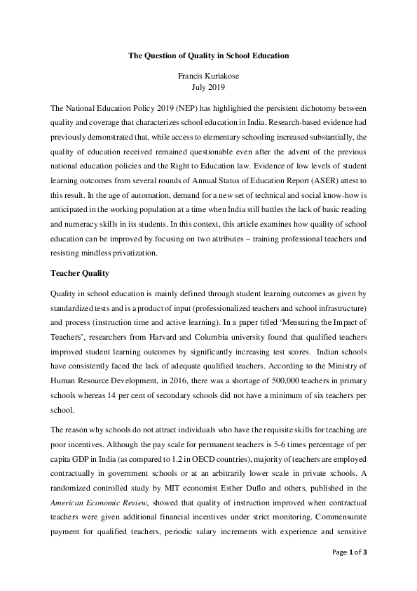 (PDF) The Question of Quality in School Education