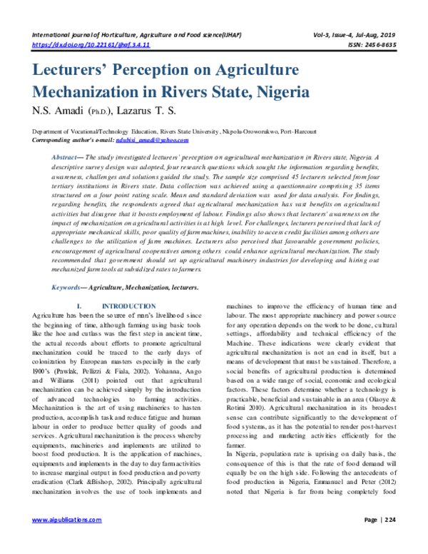 (PDF) Lecturers' Perception on Agriculture Mechanization in Rivers State, Nigeria