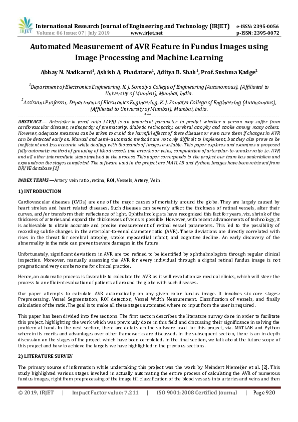 (PDF) IRJET-Automated Measurement of AVR Feature in Fundus Images using ...