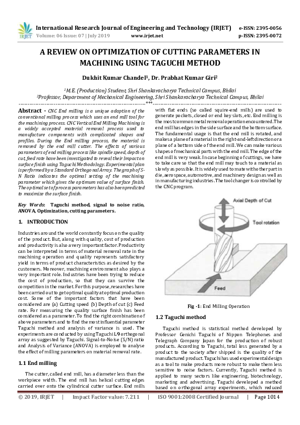 Pdf Irjet A Review On Optimization Of Cutting Parameters In Machining Using Taguchi Method