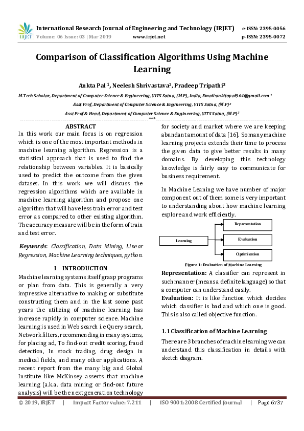 Pdf Irjet Comparison Of Classification Algorithms Using Machine Learning
