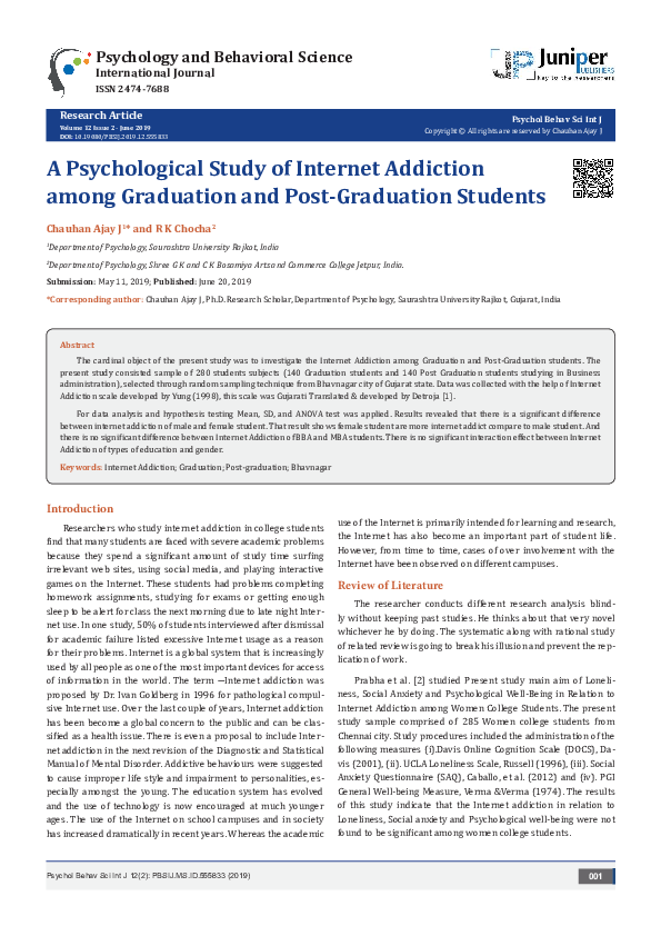 (PDF) A Psychological Study of Internet Addiction among Graduation and ...