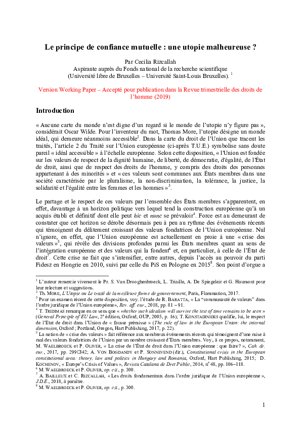 (PDF) Le principe de confiance mutuelle : une utopie malheureuse ...
